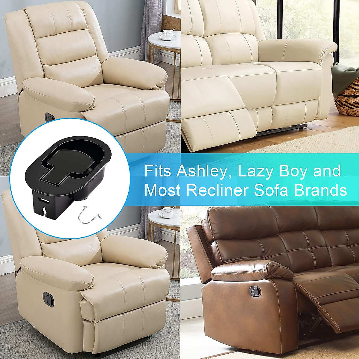 Sopito Recliner Handle Universal All-Metal Couch Recliner Release Pull Handle Replacement Parts with Retaining Clips, Fits Lazyboy, Ashley, and Most Recliner Brands