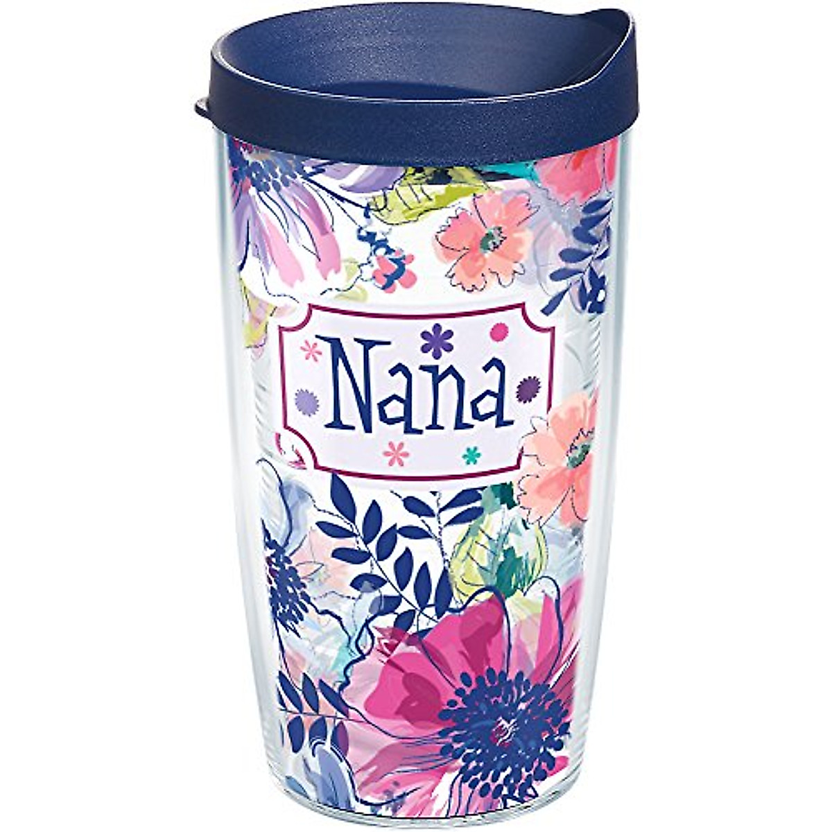 Tervis Blue Line Floral Nana Plastic Tumbler with Wrap and Navy Lid 16oz, Clear