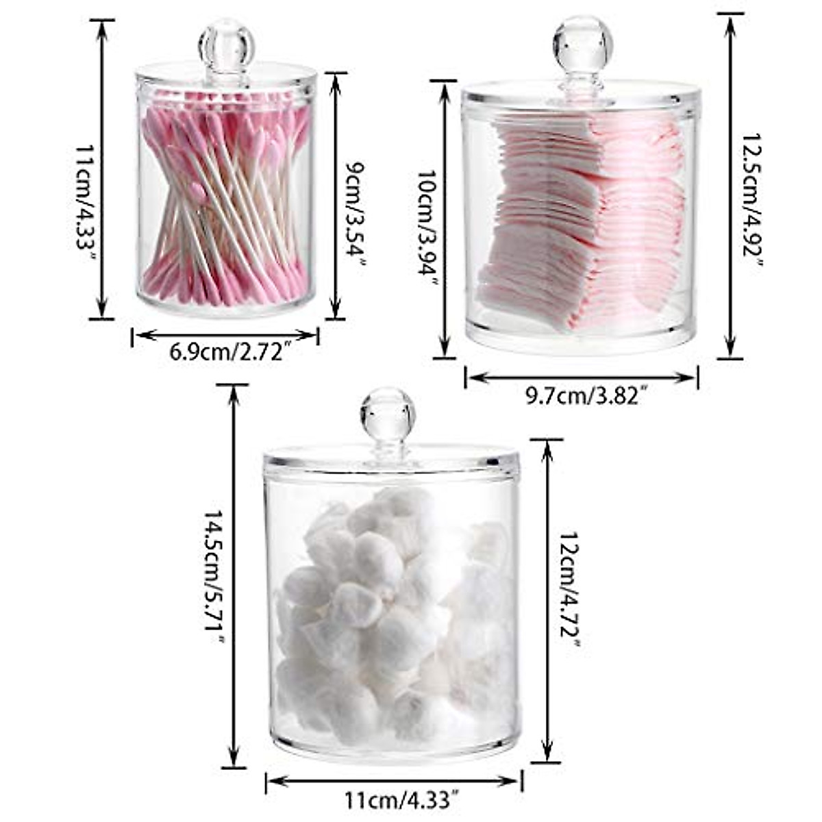 Hipiwe Set of 3 Cotton Ball and Swab Organizer with Lid - Apothecary Acrylic Jar Makeup Cotton Organizer Q-Tips Holder Bathroom Vanity Storage Canister Jar for Cotton Rounds Pads