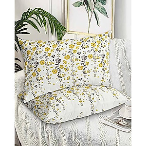 Weeping Flowers Pillow Covers King Standard Set of 2 20x36 Bed Pillow, Yellow Grey Summer Spring Floral Botanical Art Plush Soft Comfort for Hair/ Skin Cooling Pillowcases with Envelop Closure
