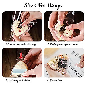 BRATA Triangle Onigiri Wrappers Plastic Rice Balls Bags, 100PCS Japanese Easy Tear Disposable Onigiri baggies with Stickers