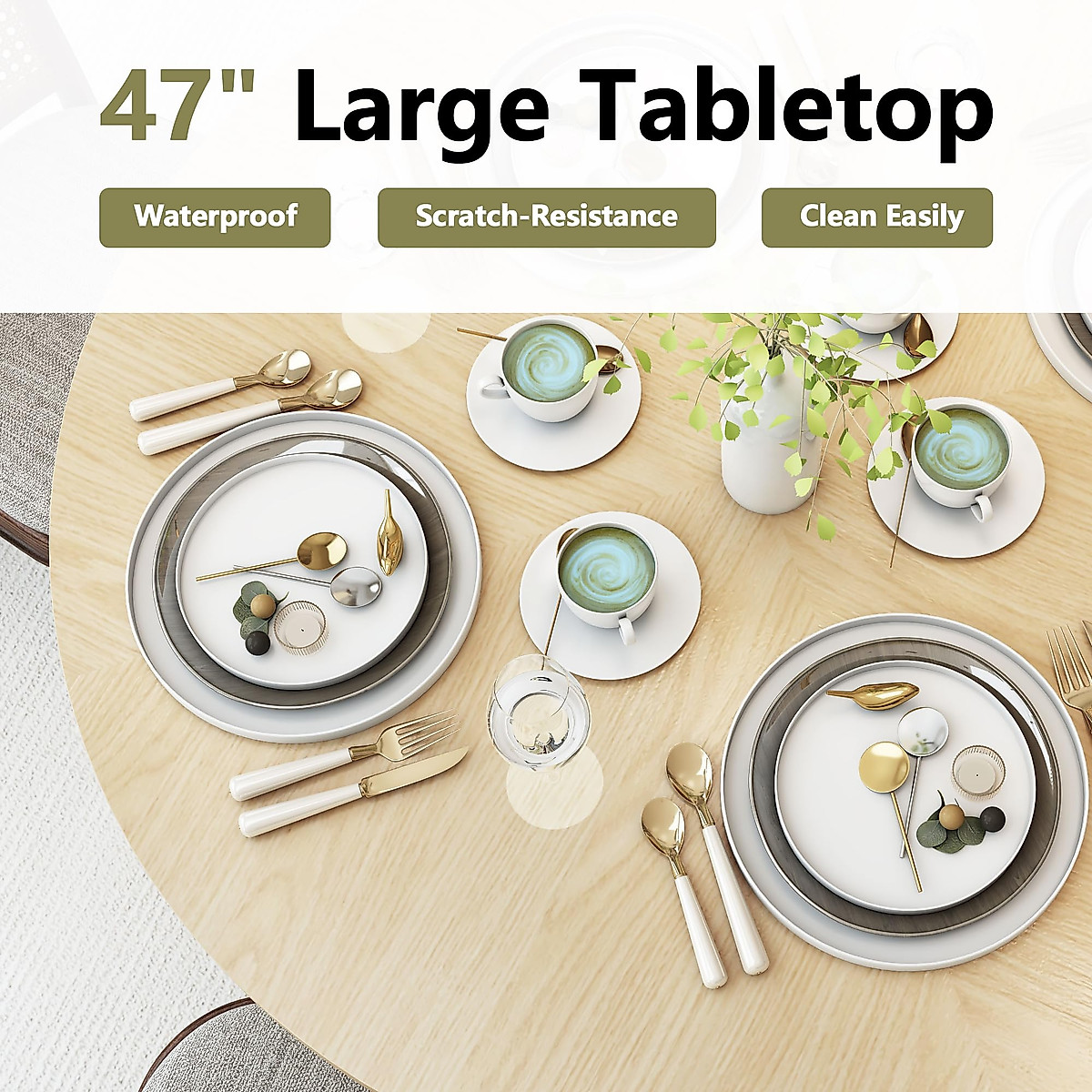 weselon 47 inch Round Dining Table for 4, Kitchen Table Dinner Table with 2-Layer Storage Shelf and Wood Slide Door for Home Dining Room Living Room (Light Oak)