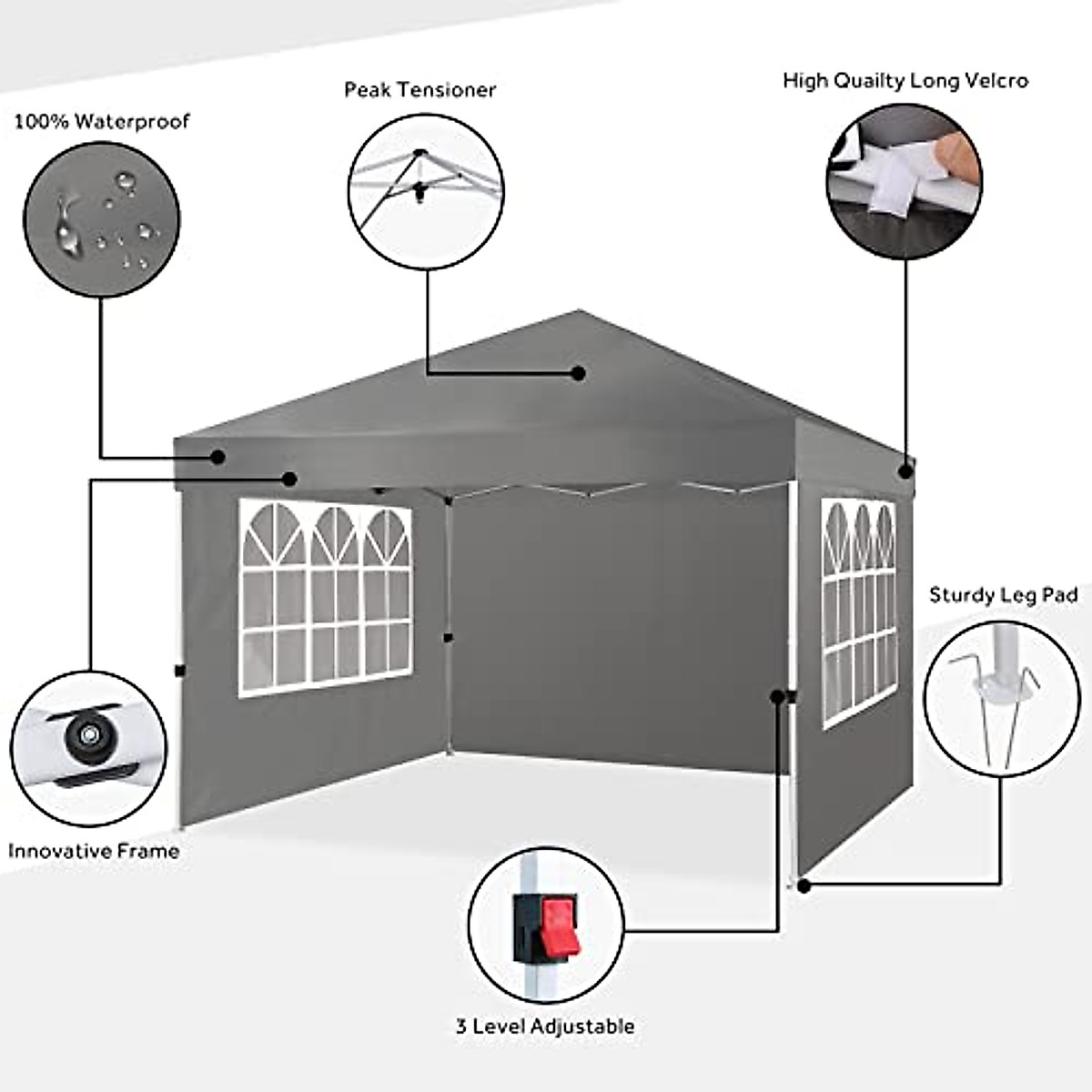10x10 Pop Up Canopy with Sidewalls, Ez Up Canopy, Portable Instant Canopy, Outdoor Canopy Event Tent, Waterproof Vendor Canopy, Tents for Parties, Wedding, Camping,Grey