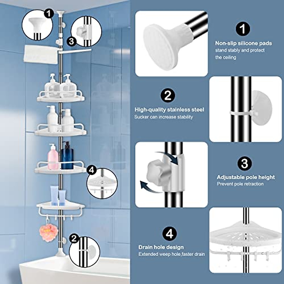 WSBArt 5.5-10ft Rustproof Shower Caddy Tension Pole,4 Tier Corner Caddy Shelf Height Adjustable Bathtub Organizer Shower Tension Rod Shower Caddy Shower Racks