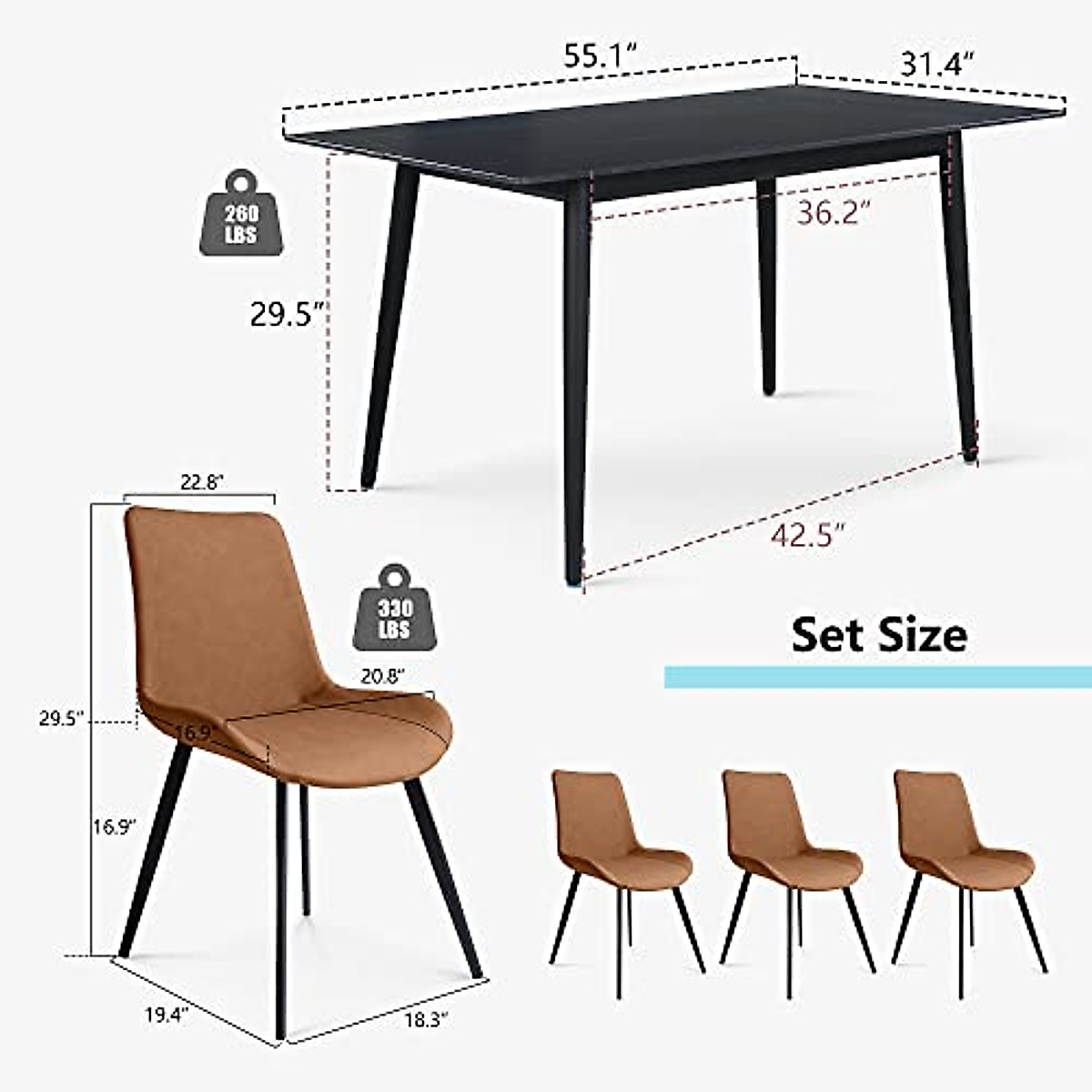 Zerifevni 5 Piece Dining Table Set, Dining Chairs Set of 4, Modern Kitchen Table Set Top with Slate Stone, Metal Base & Legs, Dining Room Table and Leather Chairs (Brown,1 Table with 4 Chairs)