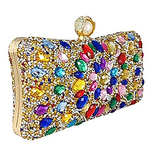 Boutique De FGG Pearl Clasp Colorful Gold Crystal Clutch Purses for Women's Evening Handbags Wedding Party Rhinestone Bag