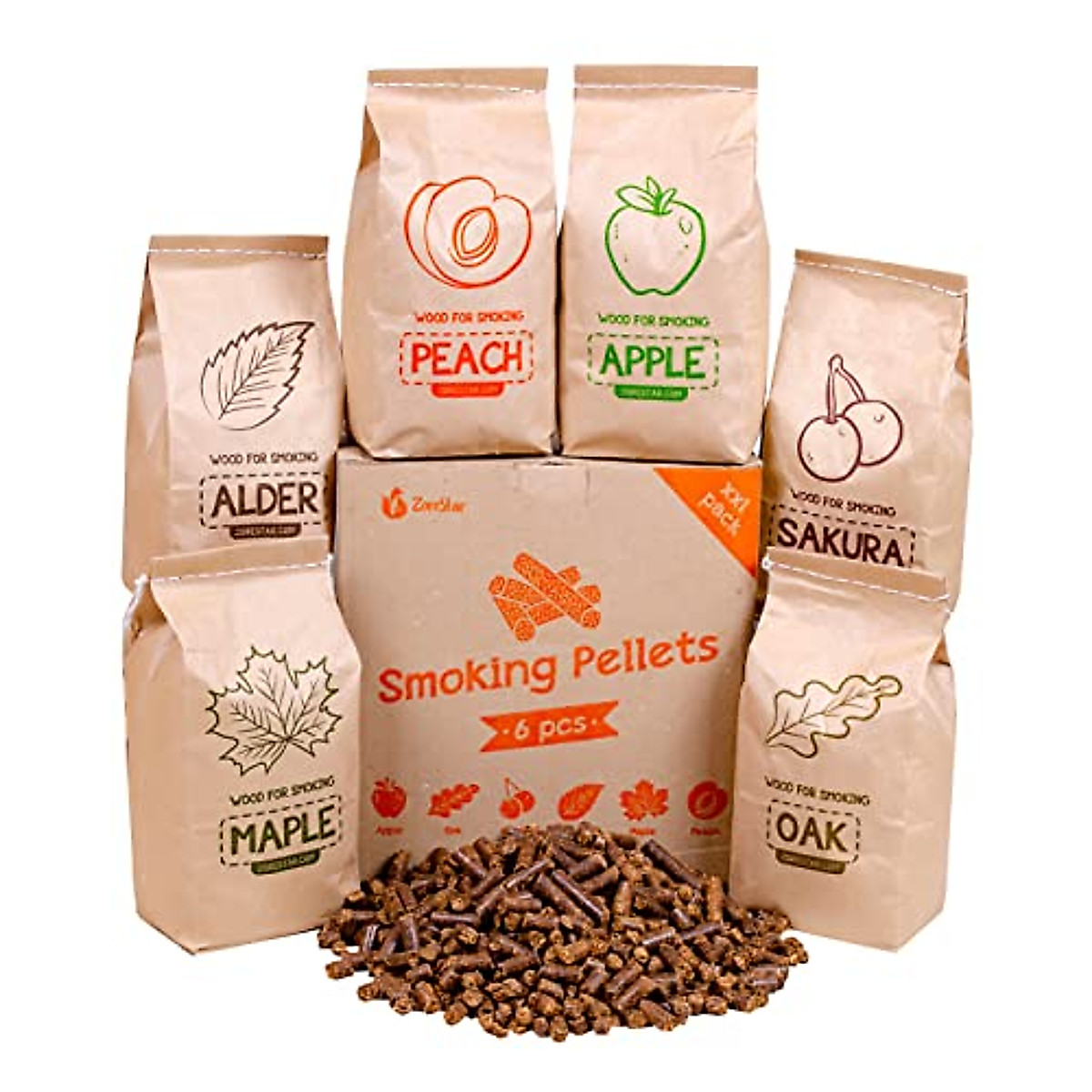 Zorestar Apple Cherry (Fruit Mix) - 13-15lb - Wood Chunks for Smoking and Grilling Smoker Pellets Variety Pack - 100% All-Natural Wood Smoking Pellet - Set of 6 Packs - Oak, Maple, Apple, Peach, Alder