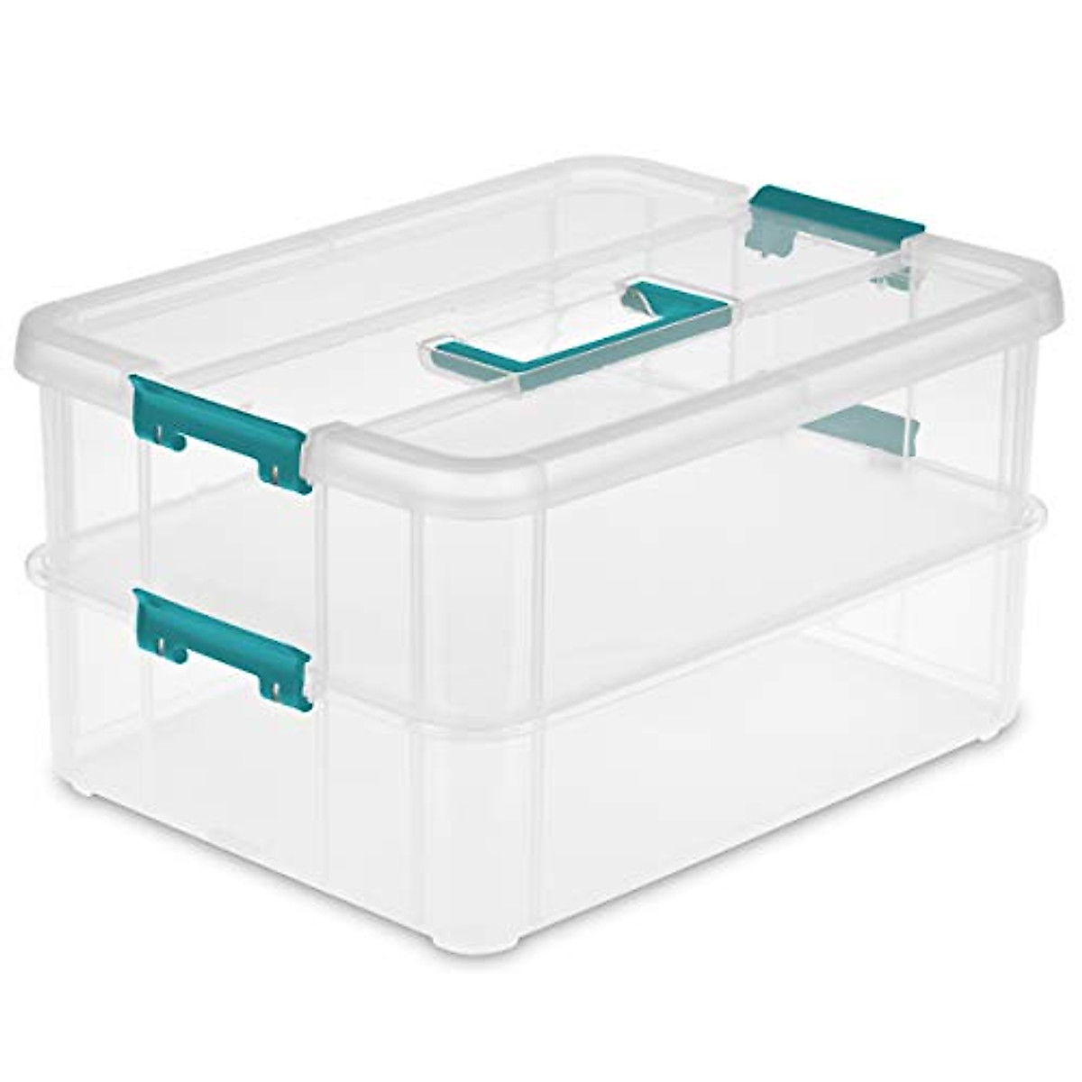 Sterilite 1427CLR Stack & Carry - 2 Layer Box, Clear Lid & Blue Handle, See-through layers