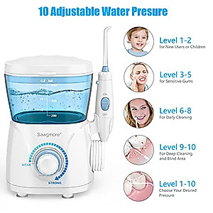 Sawgmore Water Flosser Oral Irrigator, 600ml Large Capacity, 10 Adjustable Pressures, Electric Flosser for Teeth/Braces, 8 Home Nozzles Professional Flosser Oral Irrigator(White)