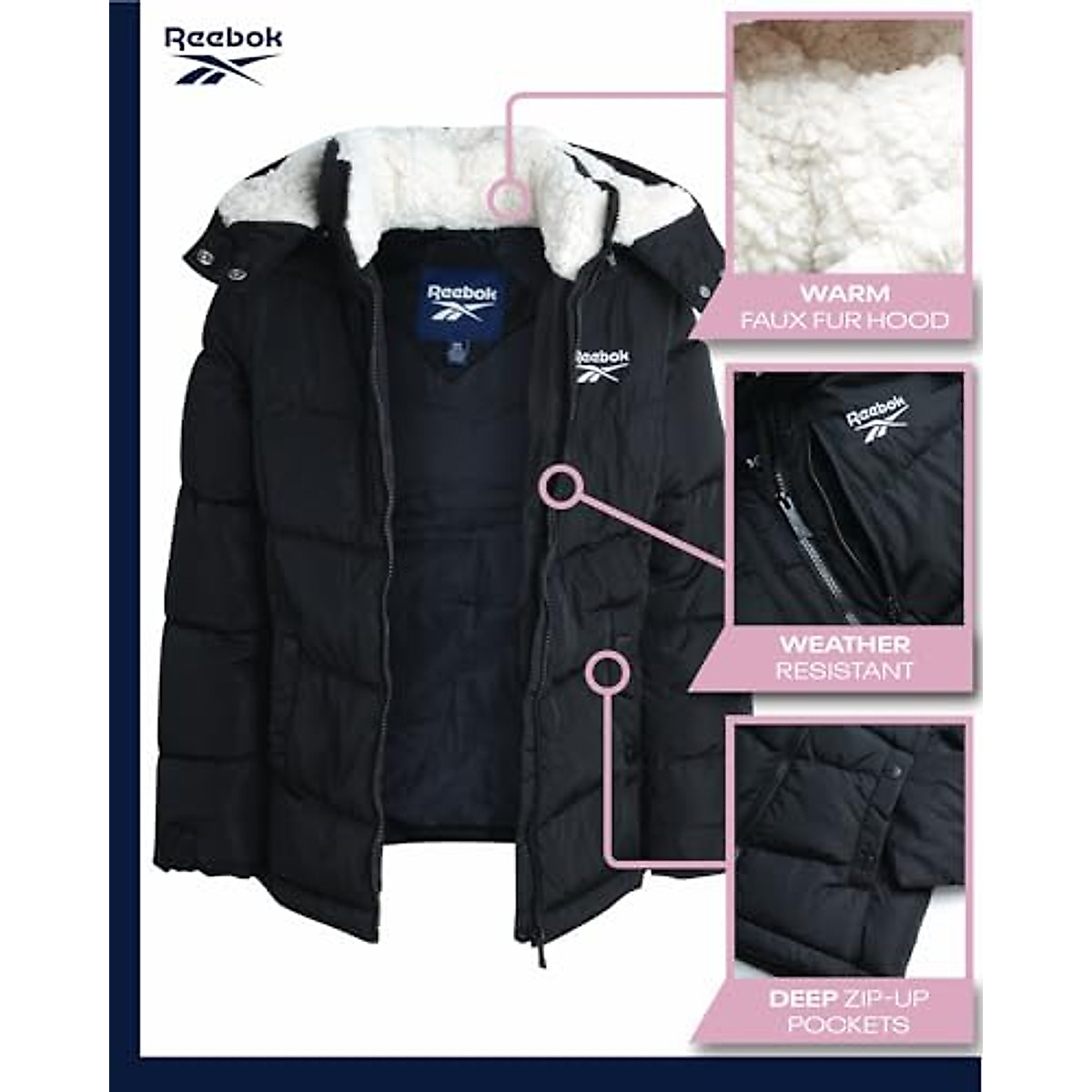 Reebok Girls Winter Jacket - Heavyweight Quilted Puffer Parka Coat - Weather Resistant Ski Jacket for Girls (4-12), Size 14-16, Black