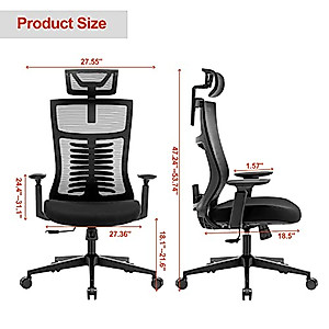 Ergonomic Home Task Chair,Adjustable Big Home Office Chairs with Lumbar Support,Breathable Fishnet Mesh Backrest Computer Chair with Adjust Headrest,Tall ,Black