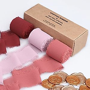Furnizone Chiffon Silk Ribbon for Gift Wrapping, Pink Red Ribbon for Wedding Invitation Bouquet, 3 Rolls 1.5" Wide x 7 Yd Gift Wrapping Ribbon, with 10Pcs Wax Seal Stickers