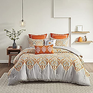 Madison Park Nisha Sateen Cotton Comforter Set, Breathable, Soft Cover, Trendy, All Season Down Alternative Cozy Bedding with Matching Shams, King/ California King, Orange 7 Piece