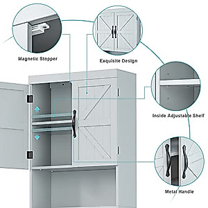 SRIWATANA Over The Toilet Storage Cabinet, Bathroom Organizer with Adjustable Shelf, 2-Door Toilet Storage Rack, Gray