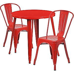 Flash Furniture Commercial Grade 30" Round Red Metal Indoor-Outdoor Table Set with 2 Cafe Chairs