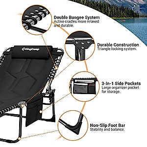 KingCamp Oversized Padded Folding Lounge Chair for Outdoor Patio Beach Lawn Pool Sunbathing Tanning, 5-Position Heavy Duty Portable Padded Camping Cot with Pillow, Support 300LBS