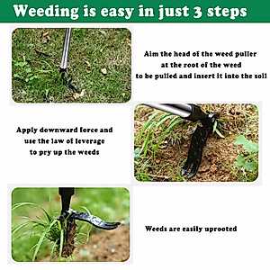 Weeder Stand Up Weed Puller Tool with Long Handle 4-Claw Steel Head Design Weeding Tool Easily Remove Without Bending, Kneeling, or Pulling for Vegetable Gardening Backyard Farm Weeding