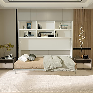 Eafurn Mordern Design Twin Size Horizontal Murphy Bed with Storage Shelves for Bedroom or Guestroom White Wall Bed Space Saving Hidden Bed Gas Struts