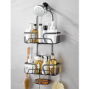 Taozun Shower Caddy Over Shower Head - Hanging Shower Caddy Rustproof Stainless Shower Organizer Hanging Storage Rack Basket with 6 Hooks for Soap and Sponge - Black