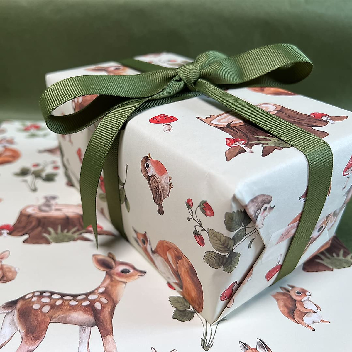 Woodland Baby Animals Gift Wrap by Wrap and Revel—Baby Shower Wrapping Paper Folded flat, 27 x 39 inches with Deer, Fox, Hedgehog, Bunny Rabbit, Mouse