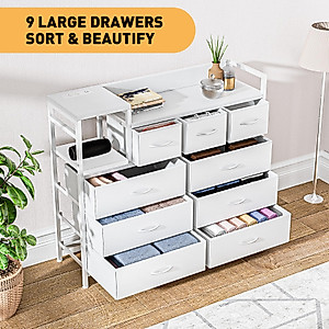 GAOMON Dresser TV Stand with Power Outlet, Bedroom Dresser with 9 Drawers, Chest of Drawers for Living Room, Hallway(White)