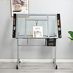 SogesHome Adjustable Drafting Table, Drawing Board Art & Craft Desk Folding Art Desk, with Side Tray, 4 Universal Lockable Casters, White