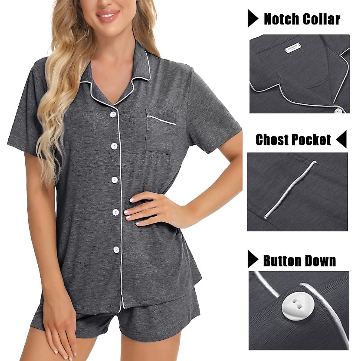 SWOMOG Womens 3pcs Button Down Pajamas Set Short Sleeve Sleepwear Bride Soft Pj Lounge Sets with Long Pants Deep Grey X-Large