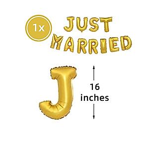 AnnoDeel 16inch JUST MARRIED Letter Banner Foil Balloons, Gold Alphabet Mylar Balloons for Wedding Bachelorette Weddings Bridal Shower Party