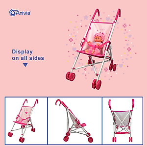 Anivia Baby Doll Collection Doll Stroller Heart Design Gifts for Toddlers and Girls Foldable Doll Stroller