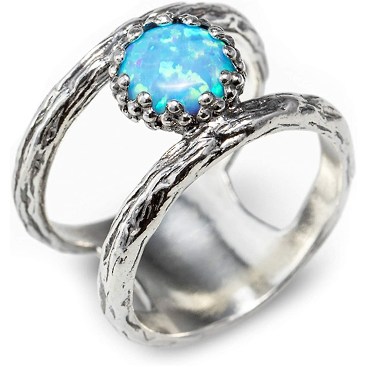 Joolala Ocean of Round Blue Fire Opal 925 Sterling Silver Oxidized Finish Party Band for Women and Teen Girls, Size 9