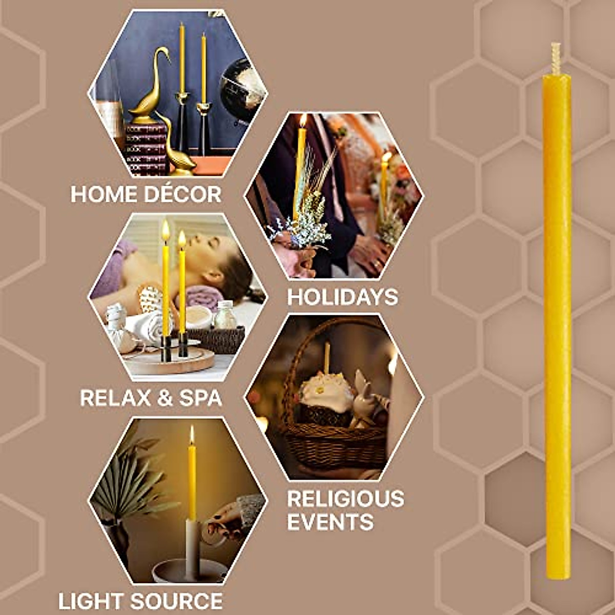 Natural Beeswax Candles - 7” 15 pcs Best Beeswax Candle - Pure Deep Yellow Bee Wax with Great Honey Scent and Cotton Wicks - Eco Friendly 100% Beeswax Candles for Decoration Home Birthday Cake 1104408