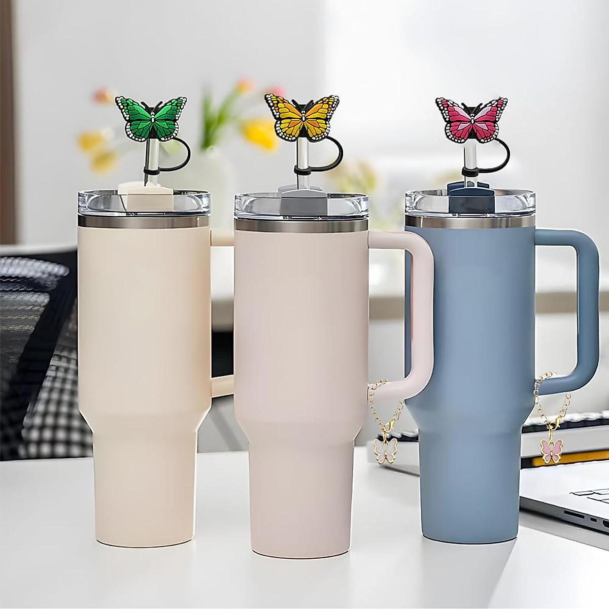 3 Pack Straw Covers Cover, Cute Hats Silicone Straw Covers, Butterfly Soft Straw Protectors with Butterfly Charm Stanley Cup Accessories for 10mm Straws