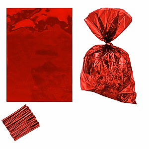 Red Clear Cello Bags Candy Plastic Favor Cellophane Treat Bags,Pack of 50