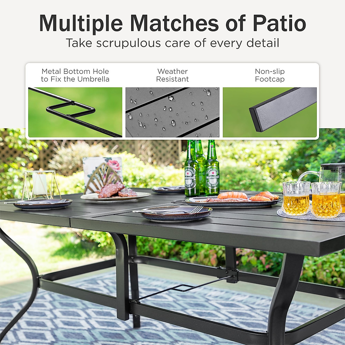 PHI VILLA 60'' Outdoor Dining Table for 6, E-Coating Metal Patio Table with 1.57" Umbrella Hole, All-Weather Resistant Rectangular Table for Patio, Backyard, Garden