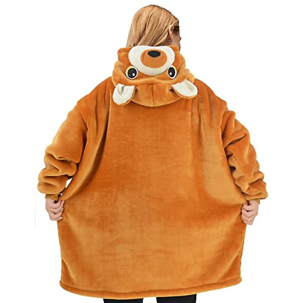 LASSUPIN Teddy Brown Bear Wearable Blanket Sweatshirt Sherpa Oversized Hoodie TV-Blanket with Sleeves and Pockets for Adults Men Women Teens One Size Fits All