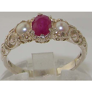 LetsBuyGold 925 Sterling Silver Real Genuine Ruby and Cultured Pearl Womens Band Ring - Size 10