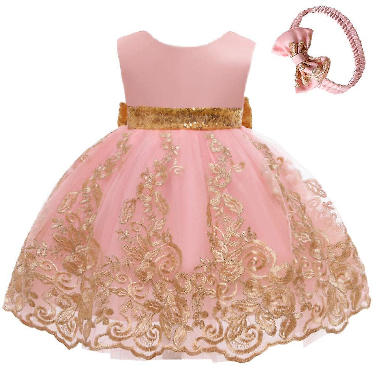 0-6T Big Bowknot Sequins Embroidered Lace Party Tutu Gown Toddler Baby Girls Dress with Headwear Easter Ball Gown Dress Pink 80