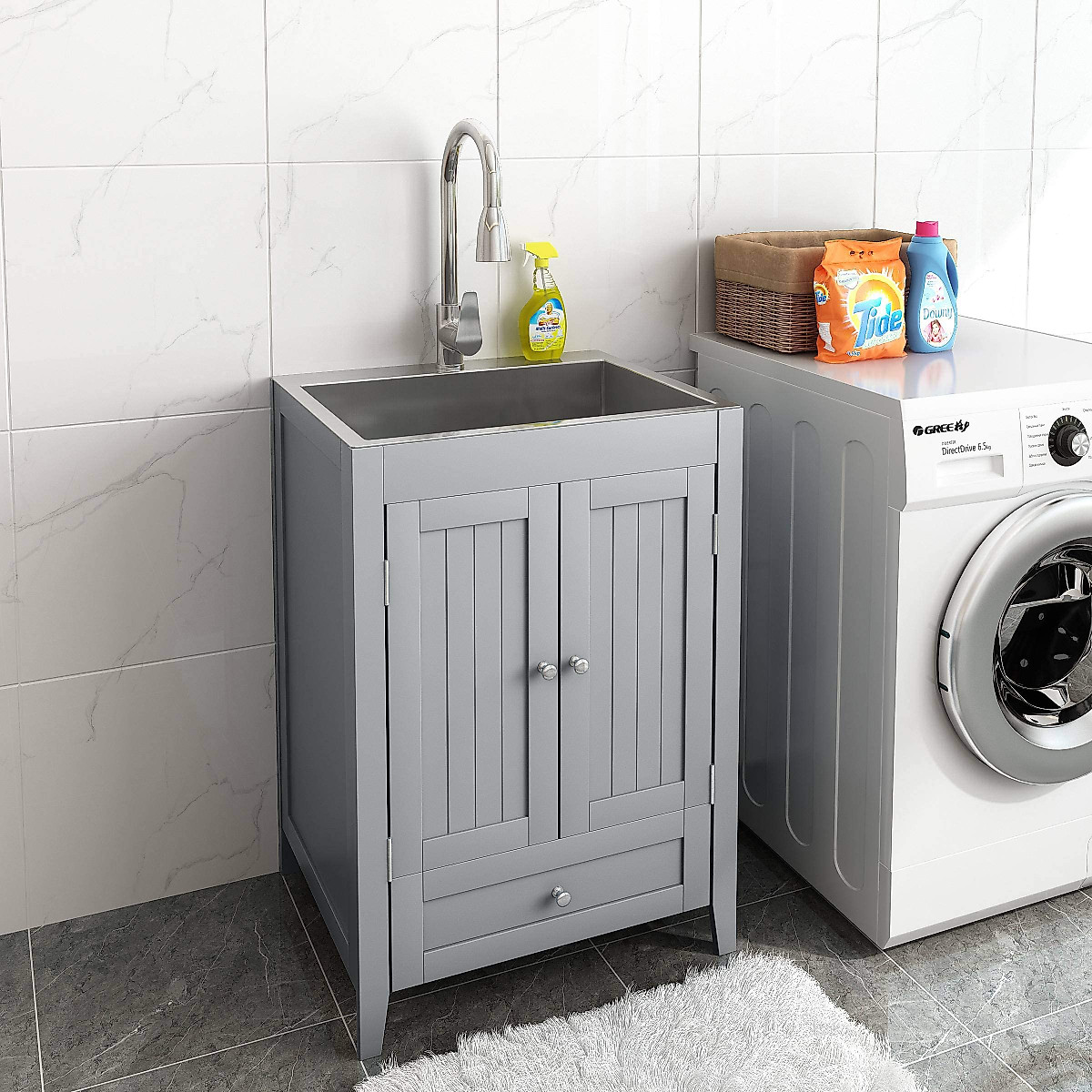 VINGLI 24-Inch Laundry Sink with Cabinet and Pull-Out Sprayer Faucet, Stainless Steel Utility Sink with Cabinet and Drawer Combo, Cabinet with Sink for Laundry & Utility Room, Kitchen, Bathroom, Grey