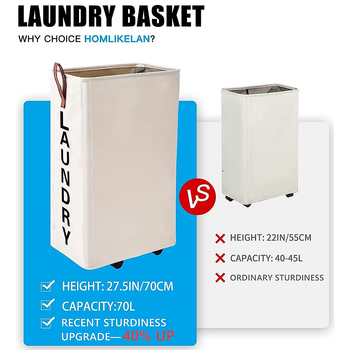 Homlikelan 70L Large Laundry Hamper,Tall Rolling Laundry Basket,Narrow Laundry Basket with Wheels,Slim Laundry Hamper on Wheels Clothes Hamper Laundry Bin 27.5" Beige