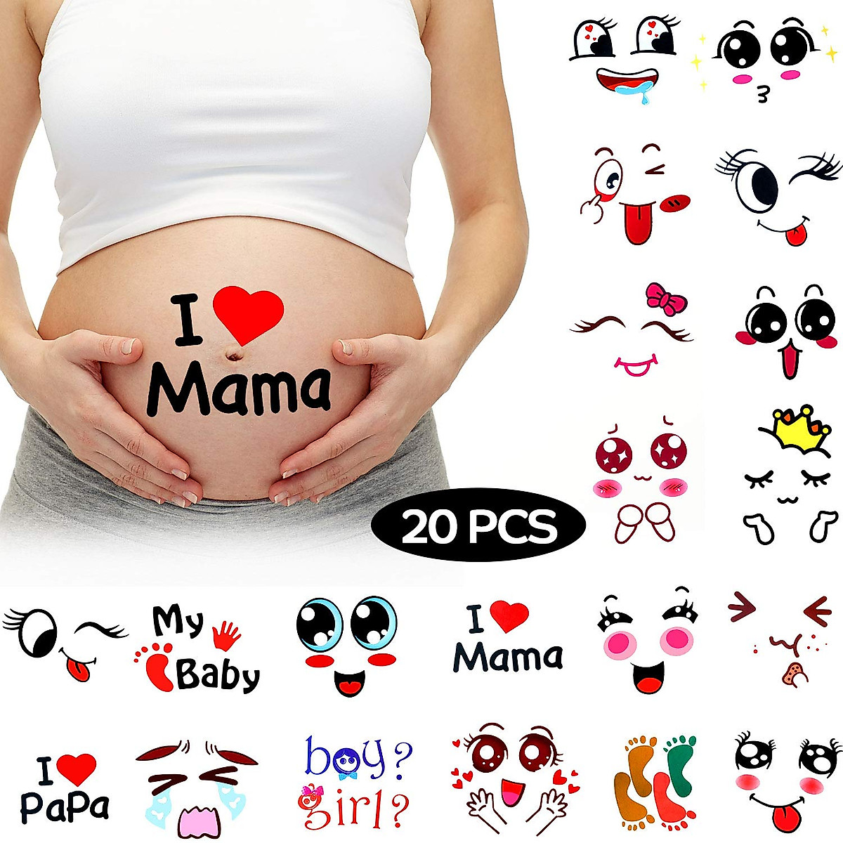 20 Pieces Pregnancy Stickers for Belly Funny Facial Expressions Stickers Pregnant Babies Bump Belly Stickers for Pregnant Women Photography Props