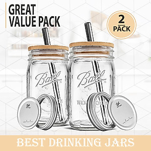 Reusable Boba Glass Cups With Lids and Straws - (2 Pack) - Ball Wide Mouth 32 oz Mason Drinking Jars with Reusable Bamboo Lids & Stainless Steel Straws for Iced Coffee, Smoothie, Milkshake, Tea