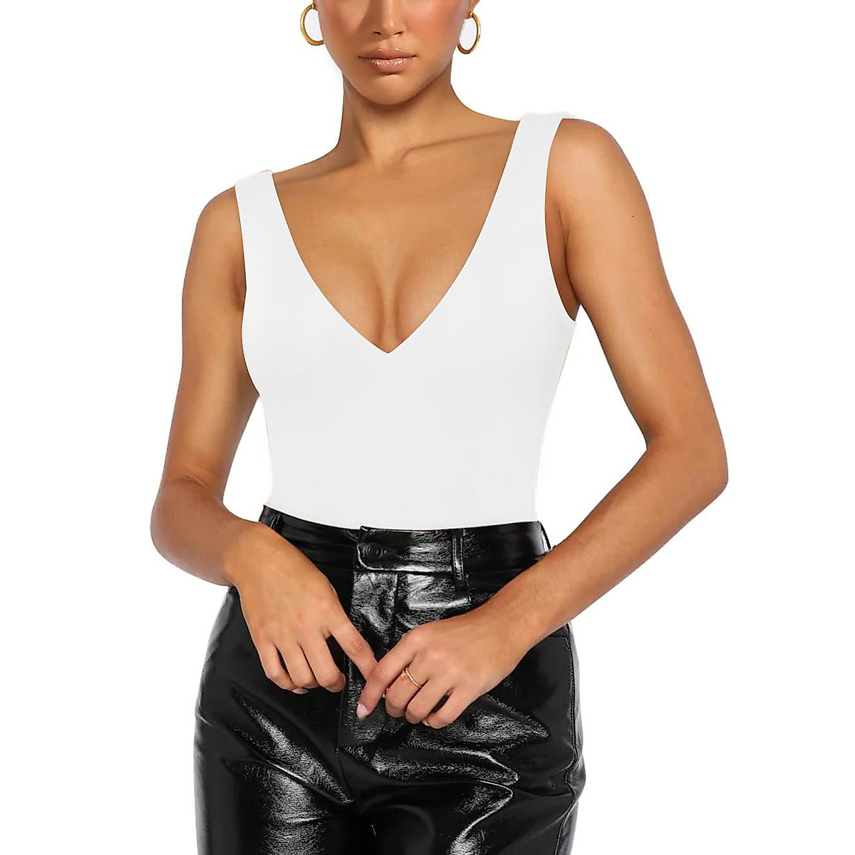 UEU Women’s Summer Sexy Deep V Neck Body Suits Backless Sleeveless Tong Bodysuit Tank Double Lined Tops for Women(White,S)