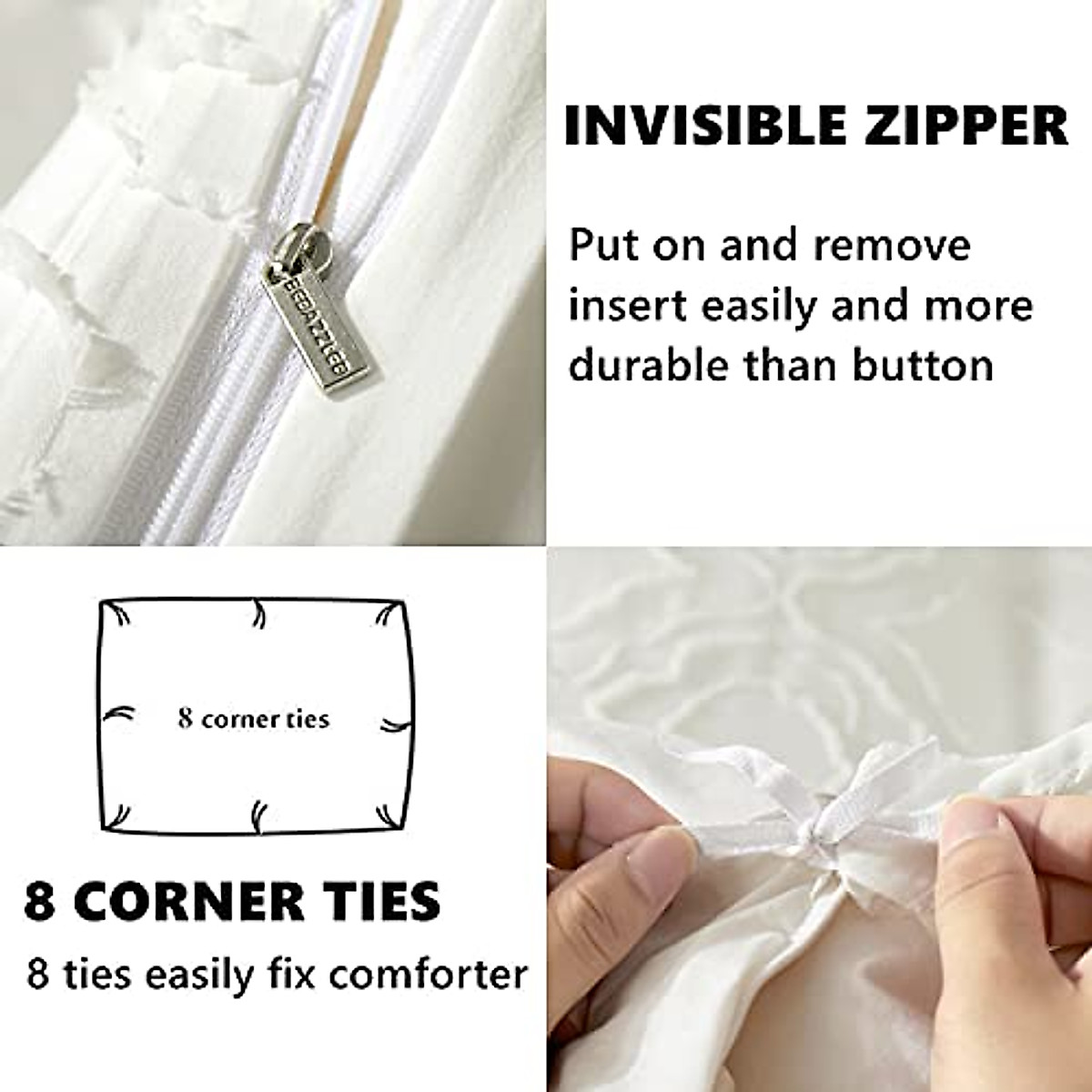 BEDAZZLED Duvet Cover Queen Size, 3 Pieces Tufted Comforter Cover Set, Soft and Embroidery Shabby Chic Boho Bedding Sets for All Seasons, White