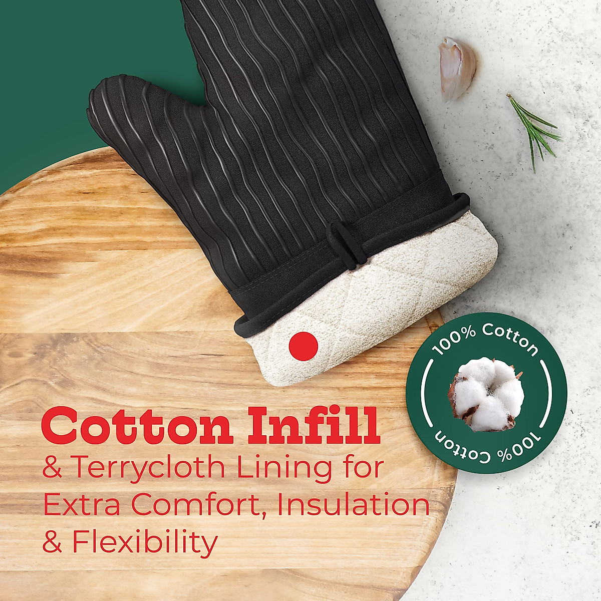 BIG RED HOUSE Oven Mitts and Pot Holders Sets, with The Heat Resistance of Silicone and Flexibility of Cotton, Recycled Cotton Infill, Terrycloth Lining, 480 F Heat Resistant Pair Black