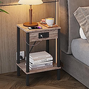 VIMBER Beside Table with Charging Station, Narrow Side Table with USB Ports and Outlets, Nightstands with 2-Tier Storage Shelves, End Table for Small Space Living Room Bedroom, Greige