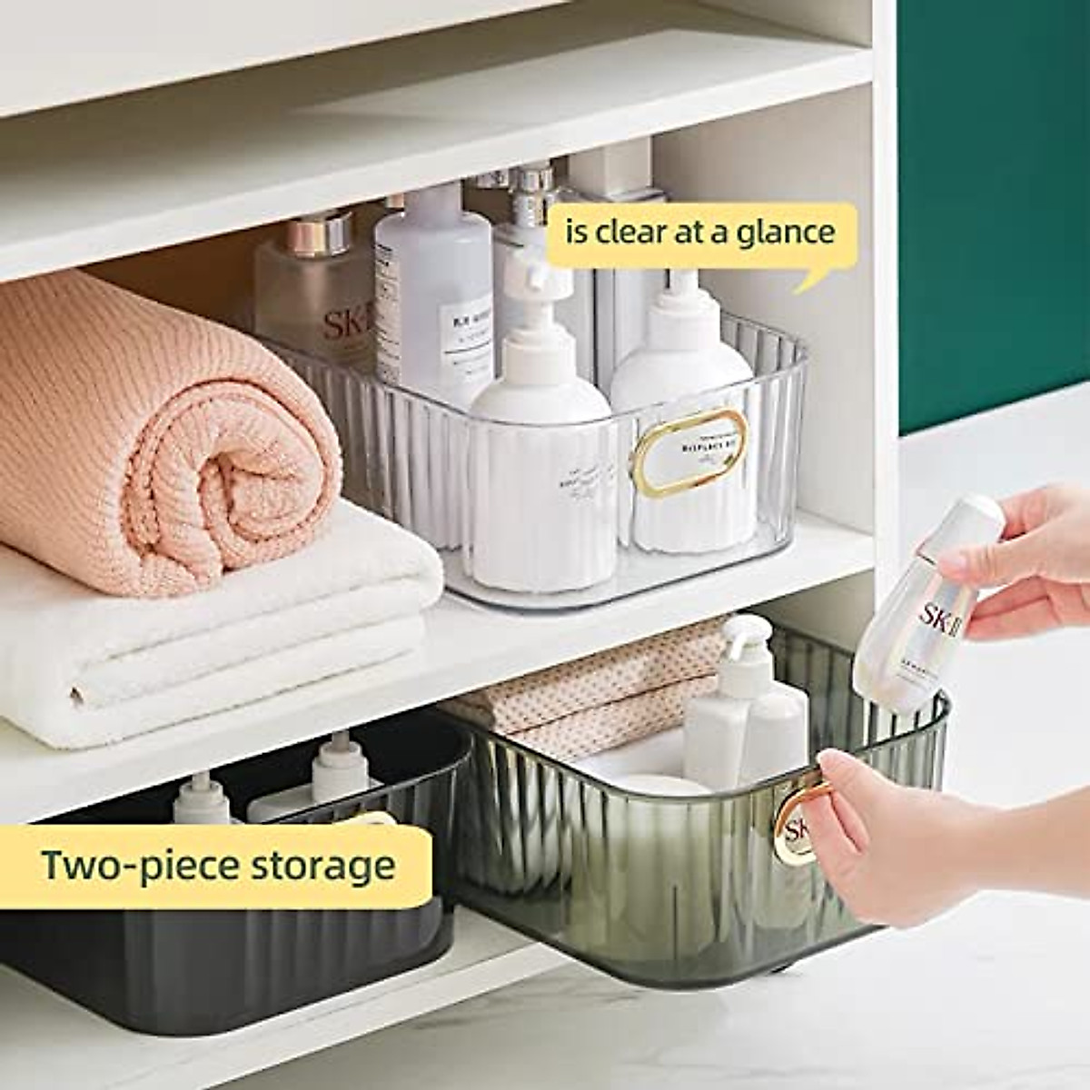 BIEDUM 2 Pack Open Compartment Clear Plastic Organizer, Rectangular Makeup and Vanity Storage Bin and Pantry Caddy with Pass-Through Handles for Bathroom Kitchen Refrigerator Organizers and Storage