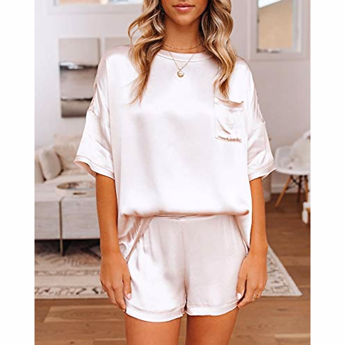 Tretra 2pcs Women Silk Satin Pajamas Set Sleepwear Loungewear Round Neck T-shirts Short Pants Button Down Pjs White