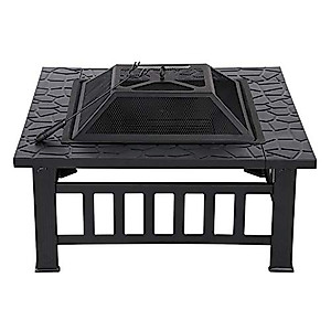 Topeakmart Outdoor Metal Fire Pit Table Multifunctional Backyard Patio Garden Square Stove, 32in Diameter Wood Burning Fireplace with Waterproof Cover
