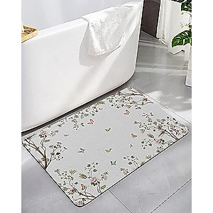 Flower Tree Bath Mat for Tub,Non Slip Bathroom Floor Runner Rug Quick Dry & Absorbent Diatomaceous Earth Kitchen Room Shower Sink Washable Doormat,Vintage Plant Leaves Elegant Butter-fly 18"x30"