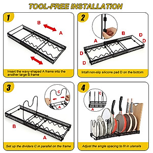 Pots and Pans Organizer Lid Organizer Dishes Bakeware Storage Rack Expandable Black Rack Holder with 10PCS Adjustable Compartment for Kitchen Cabinet Cupboard Drawer Counter